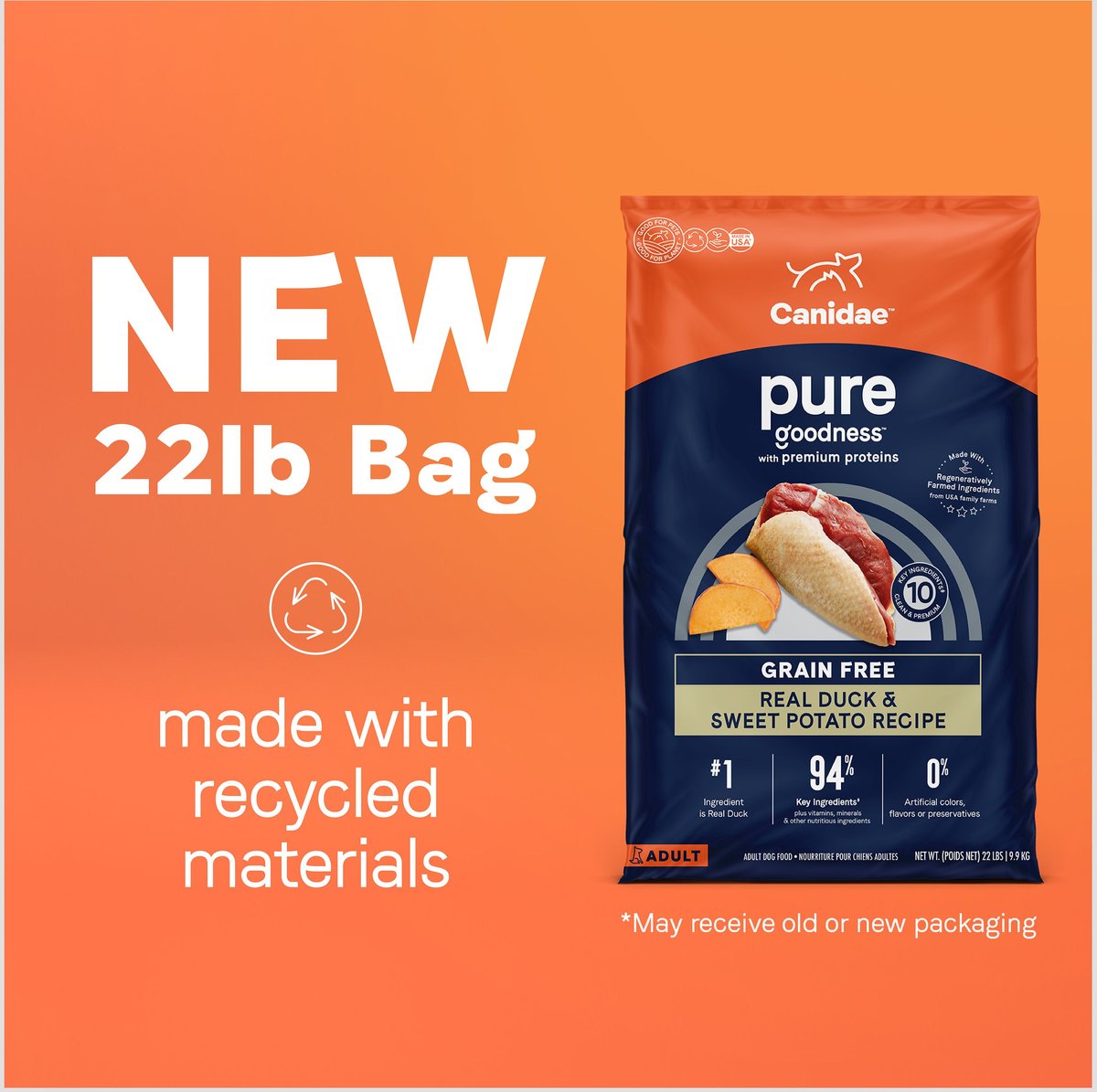 CANIDAE Pure Goodness Real Duck & Sweet Potato Recipe Dry Dog Food, 22 ...
