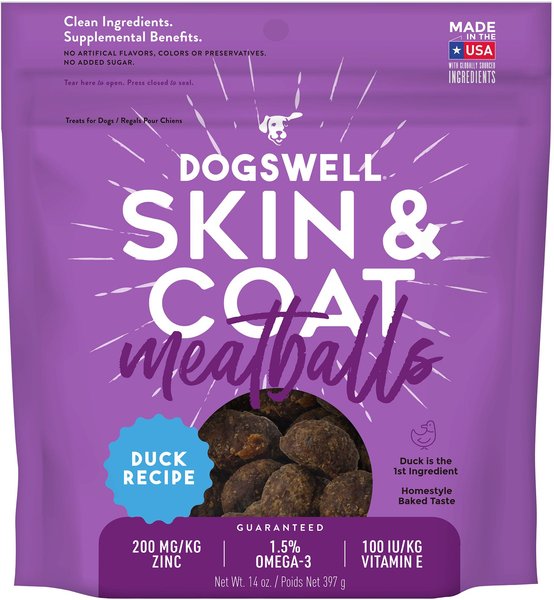 DOGSWELL Skin & Coat Duck Recipe Meatballs Dog Treats, 14-oz bag ...