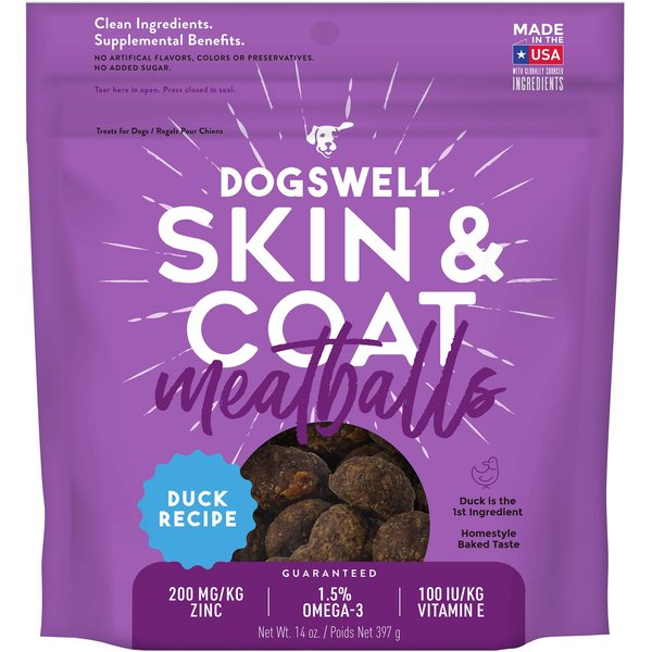 DOGSWELL Skin & Coat Duck Recipe Meatballs Dog Treats, 14-oz bag ...