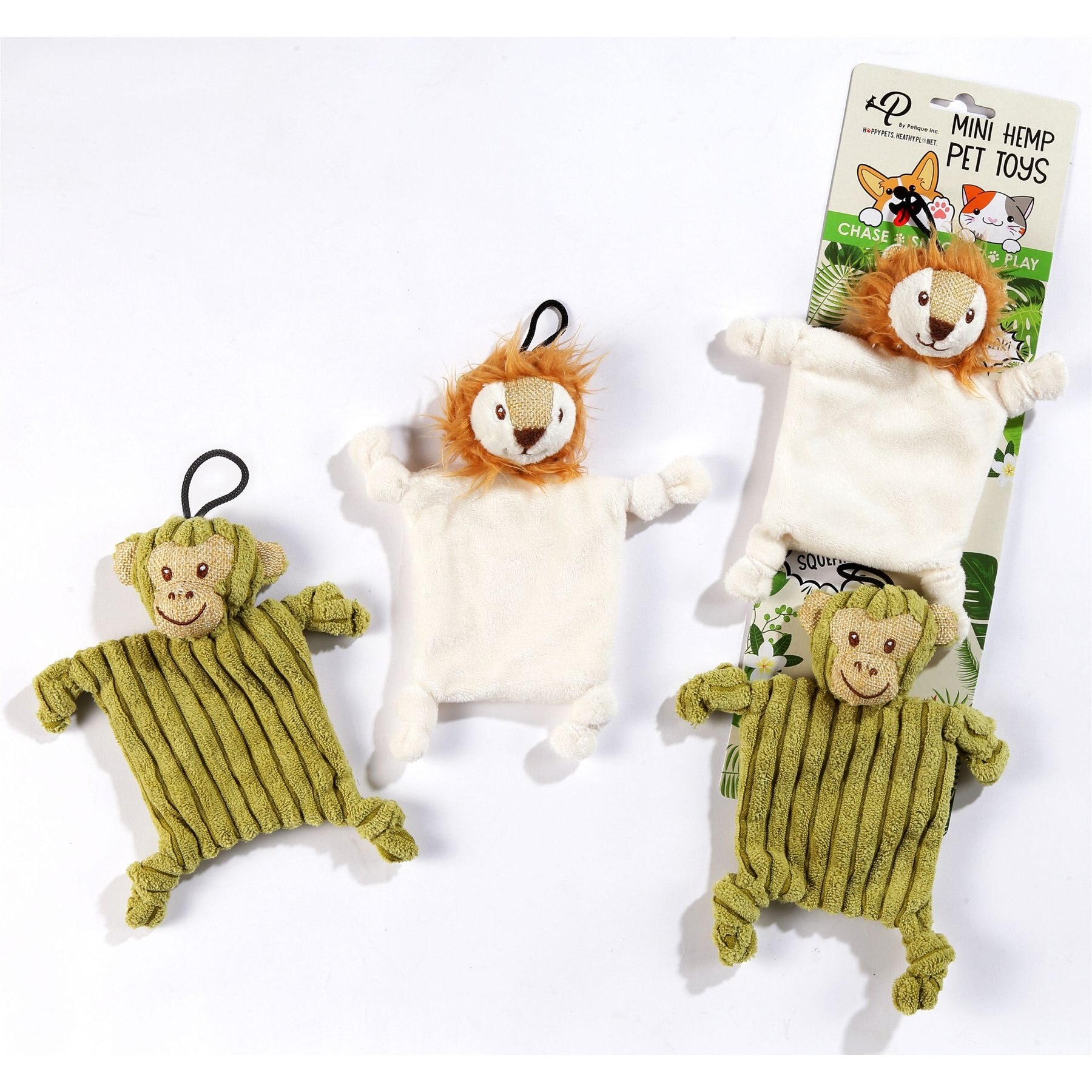PETIQUE Mini Flying Hemp Monkey & Lion Plush Dog Toy, 2 count - Chewy.com
