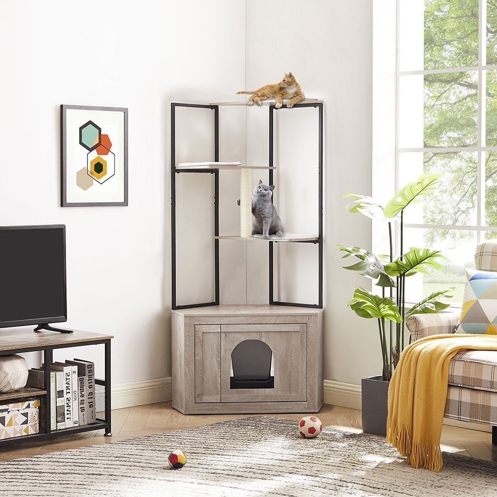 UNIPAWS Corner Box Enclosure with Cat Tree Tower Cat Litter, Weathered ...