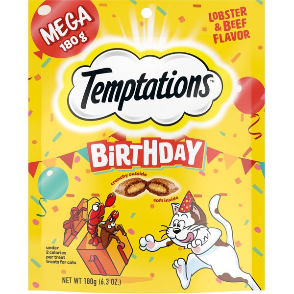 TEMPTATIONS Birthday Lobster & Beef Flavored Crunchy Cat Treats, 6.3-oz ...