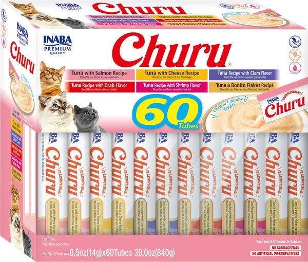 INABA Churu Tuna Variety Creamy Puree Grain-Free Lickable Cat Treats, 0.5-oz tube, 120 count ...
