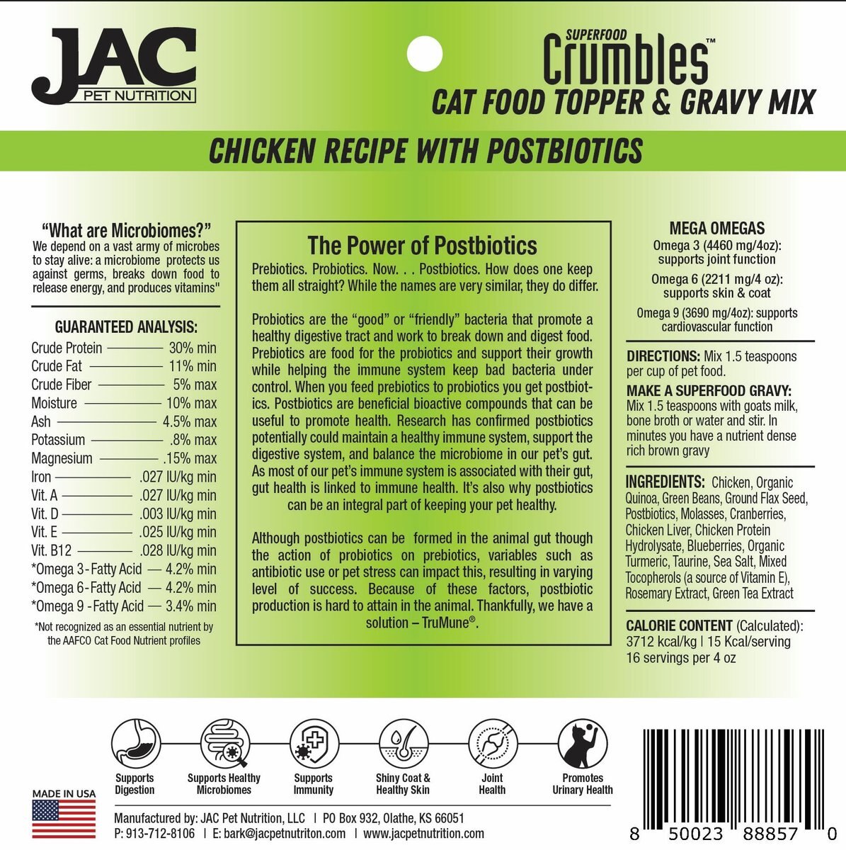 JAC PET NUTRITION Air-Dried Chicken Superfood Crumbles Grain-Free Cat ...