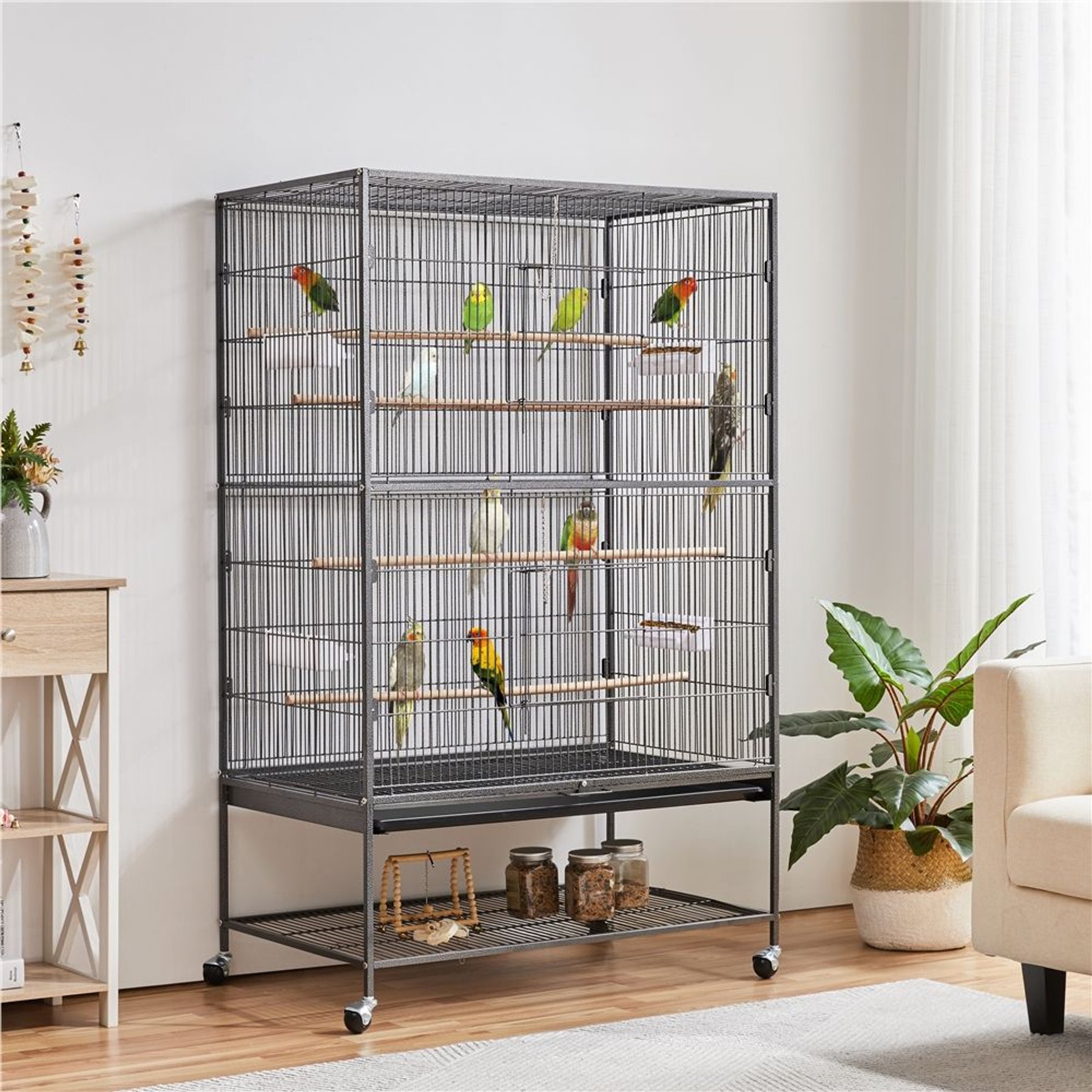 YAHEETECH Large Bird Rolling Cage Storage Shelf Hammered Black 60.5 in H Chewy