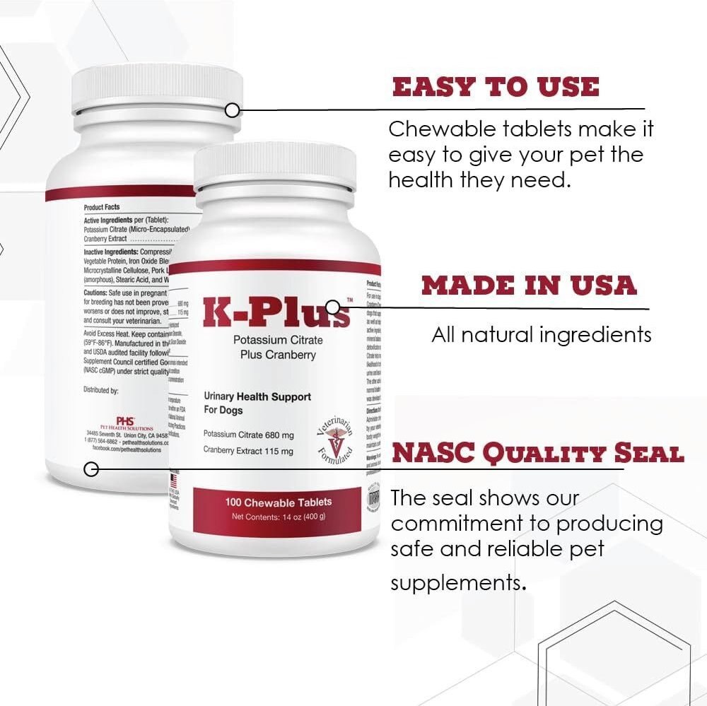 K-PLUS Potassium Citrate Plus Cranberry Chewable Tablets for Dogs, 100 ...