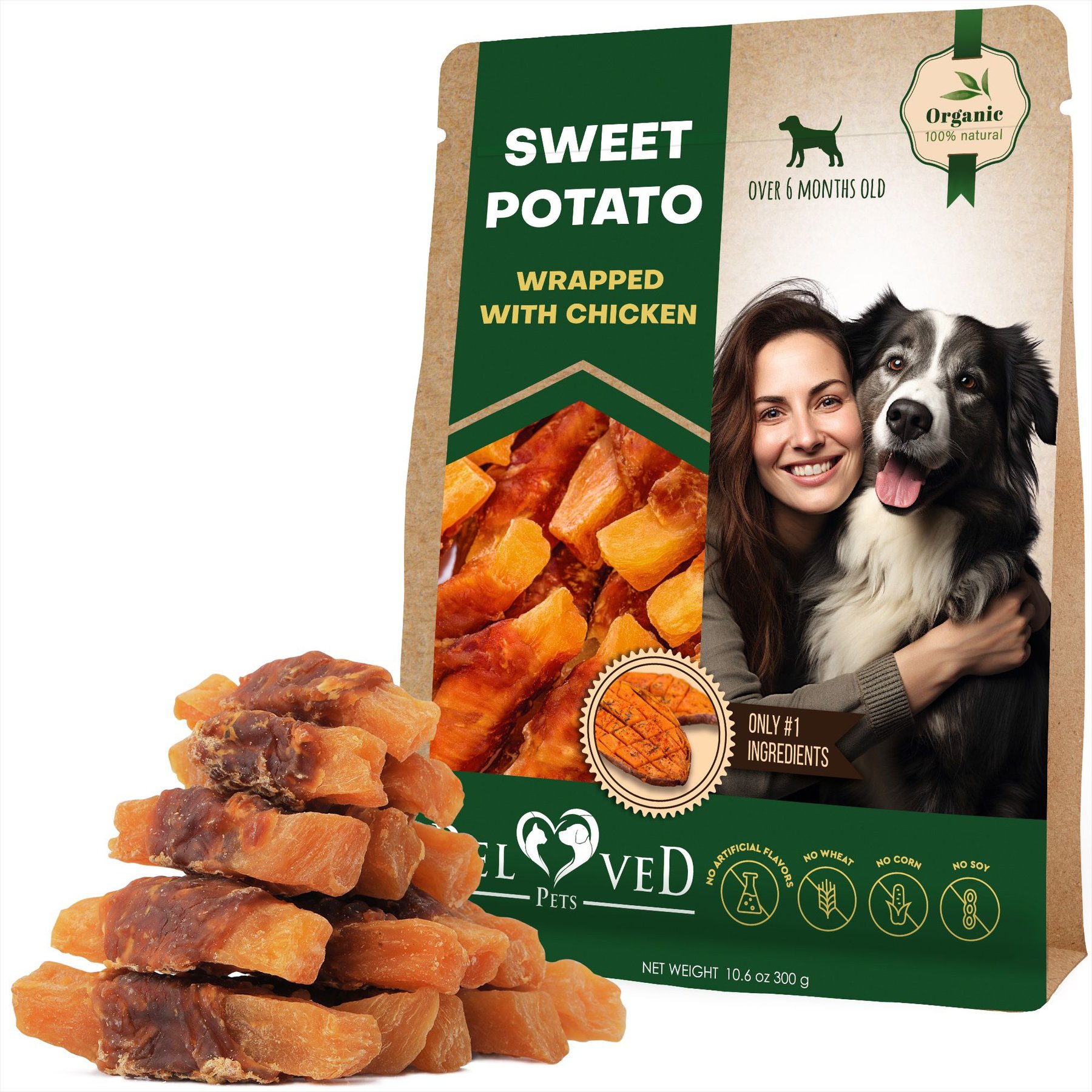BELOVED PETS Sweet Potato Wrapped Natural Grain-Free Organic Meat with Chicken Dog Chew Treats ...