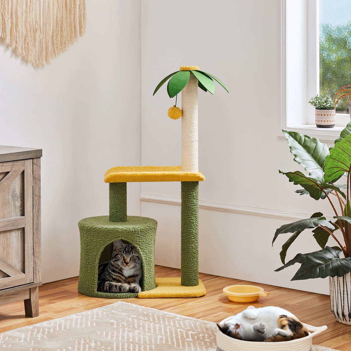 YAHEETECH 37-in Coconut Palm Cat Tree, Small, Green & Yellow - Chewy.com