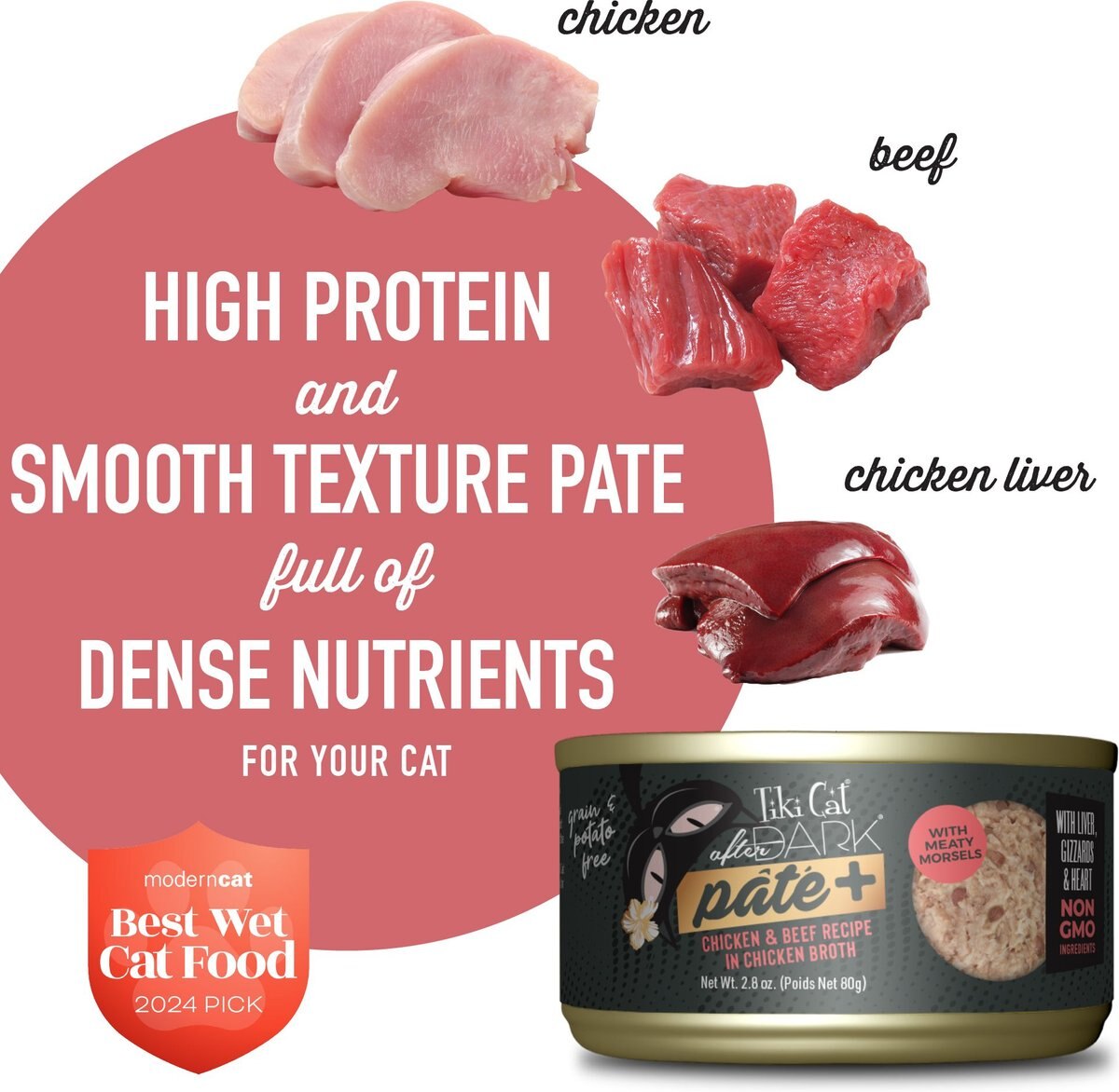 TIKI CAT After Dark Pate+ Chicken & Beef Grain-Free Wet Cat Food, 2.8 ...