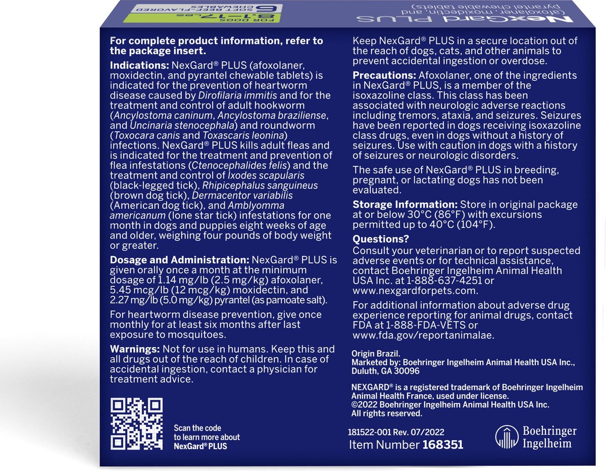 NEXGARD PLUS Chew for Dogs, 8.1-17 lbs. (Green Box) 6 Chews (6-mos ...