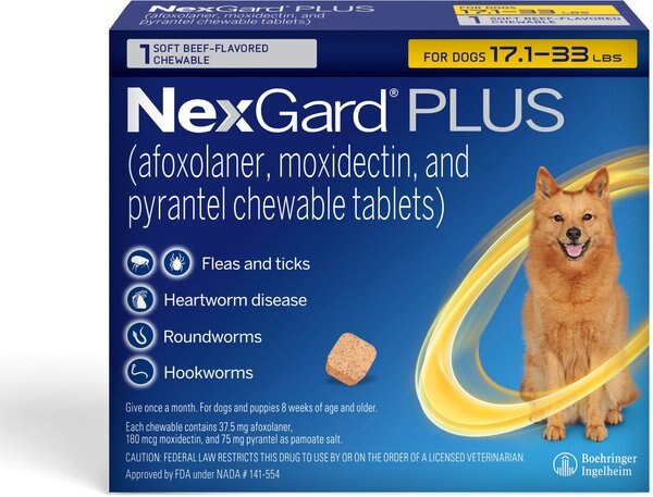 NEXGARD PLUS Chew for Dogs, 17.1-33 lbs. (Gold Box) 1 Chew (1-mo ...