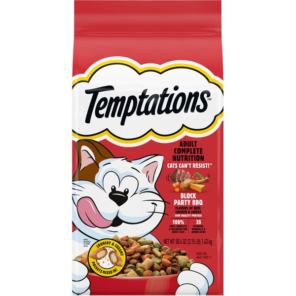 TEMPTATIONS Beef, Chicken, & Cheese BBQ Flavor Adult Dry Cat Food, 3.15 ...