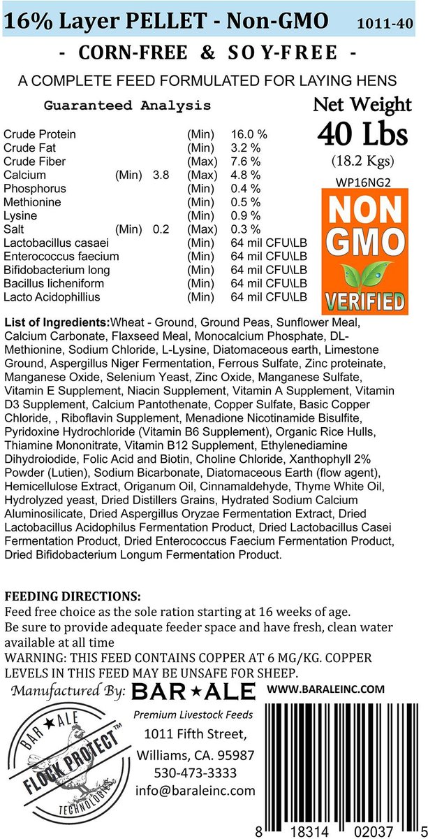 BAR ALE Non-GMO 16% Protein Soy & Corn-Free Layer Pellet Chicken Feed, 40-lb bag - Chewy.com