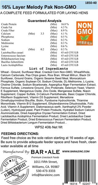 BAR ALE Non-GMO 16% Protein Layer Melody Pak Chicken Feed, 40-lb bag ...
