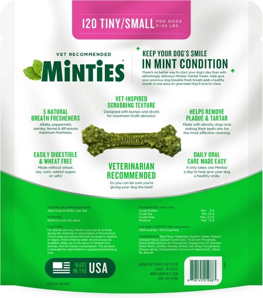 MINTIES Tiny/Small Mint Flavored Dental Treats for Dogs, 5-24 lbs, 48 ...