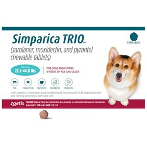 SIMPARICA TRIO Chewable Tablet for Dogs, 22.1-44.0 lbs, (Teal Box), 1 ...