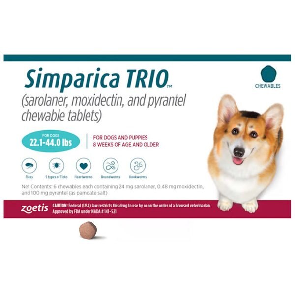 SIMPARICA TRIO Chewable Tablet for Dogs, 22.1-44.0 lbs, (Teal Box), 1 ...